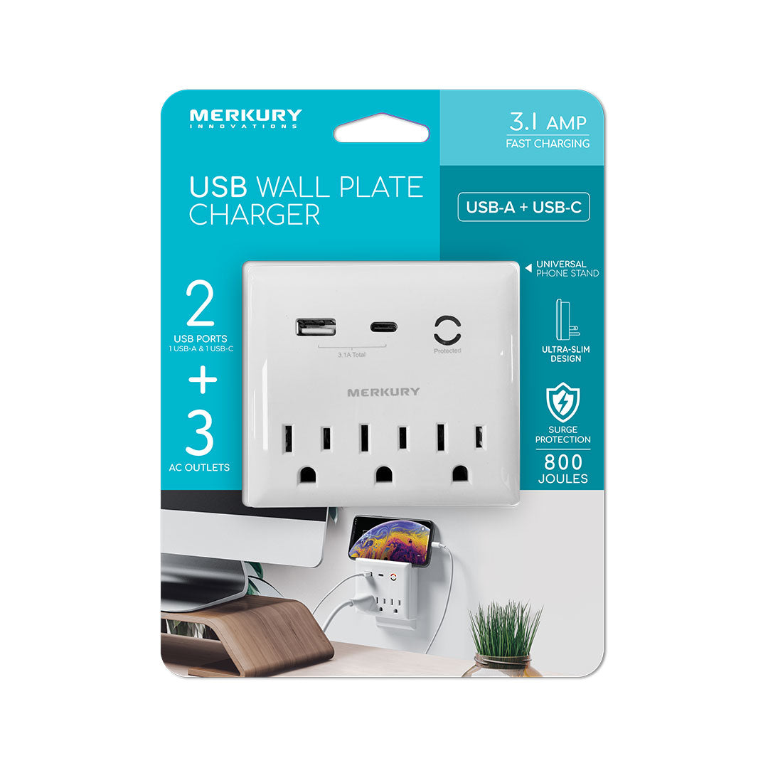 3 Outlet 2 USB Wall Tap with USB-C -3.1A – Merkury Innovations
